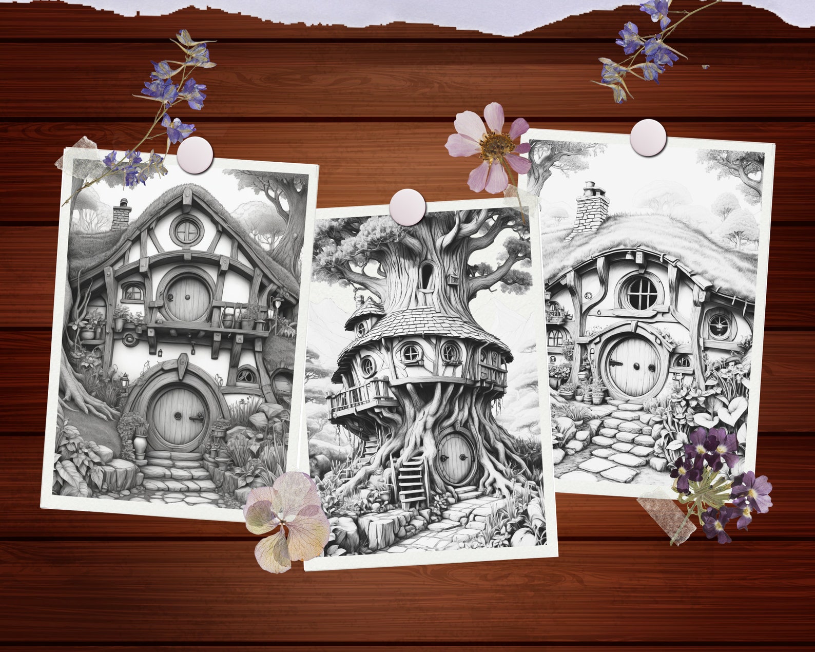 Hobbit House Coloring Pages (40 Pages) Adult Coloring Book, Grayscale ...