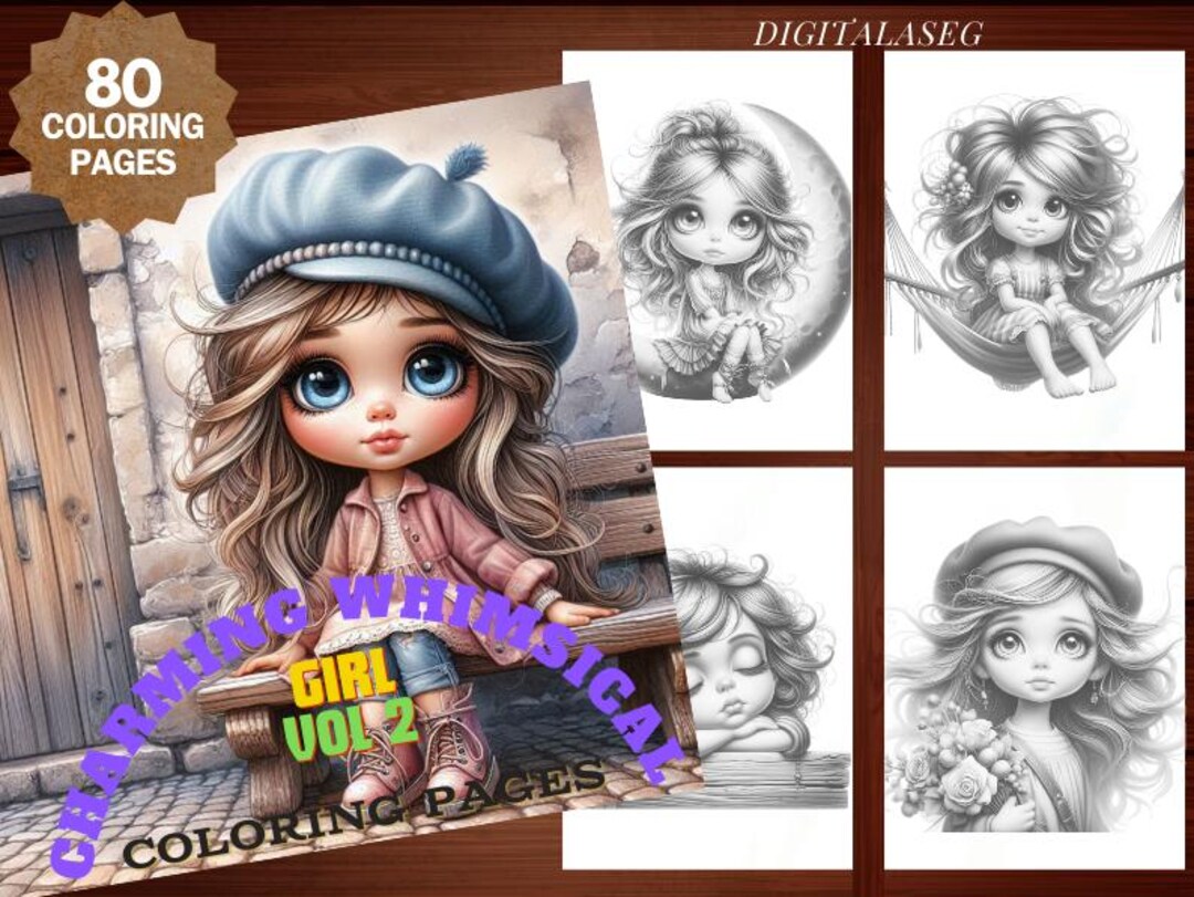 Whimsical Girl Coloring Book: Grayscale Illustrations (printable PDF ...