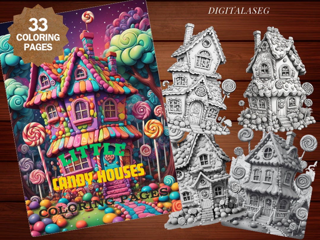 Candy Houses Coloring Pages: Grayscale Illustrations (PDF Download) - Etsy