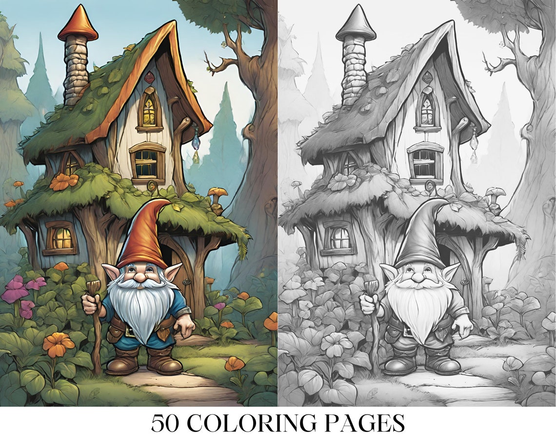 Gnomes Coloring Pages 50 Pages Adult and Kids Coloring Book, Grayscale ...