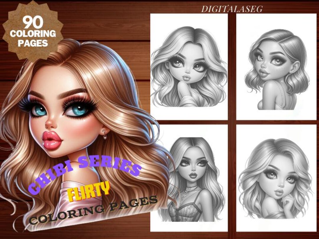 Chibi Flirty (90) Coloring Pages Adult & Kid Coloring Book, Grayscale ...