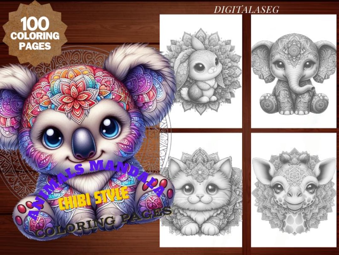 Animals Mandala Chibi Style (100 Pages) Adult & Kid Coloring Book ...