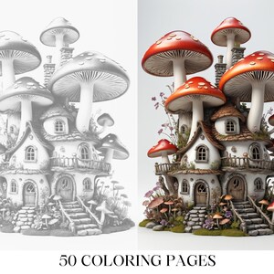 Enchanted Mushroom House Coloring Pages (50 Pages) Adult & Kids ...