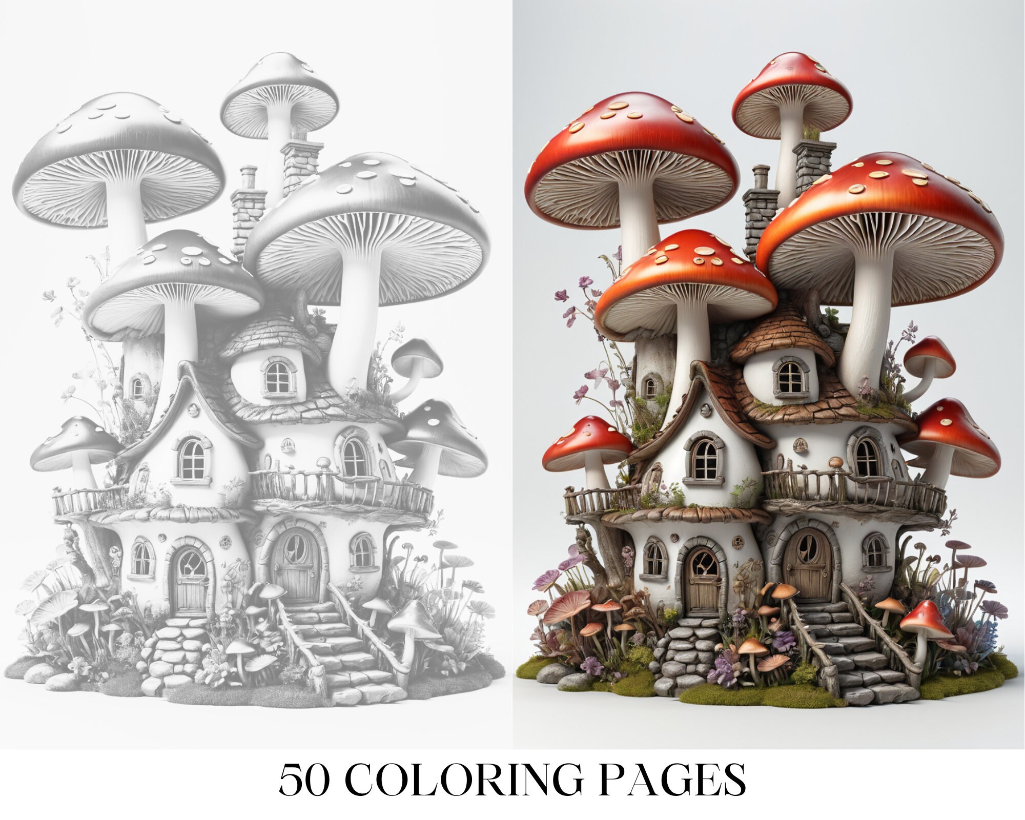 Enchanted Mushroom House Coloring Pages 50 Pages Adult & Kids Coloring ...