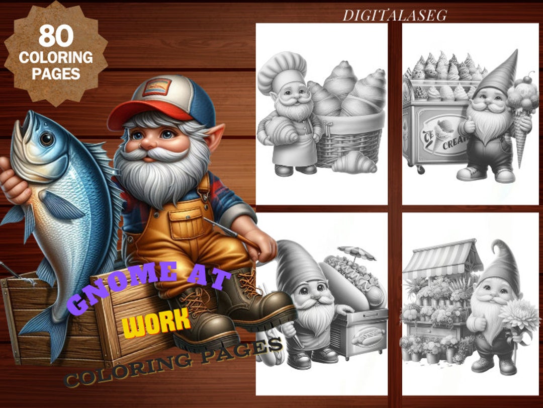 Gnome at Work (80) Coloring Pages Adult & Kid Coloring Book, Grayscale ...