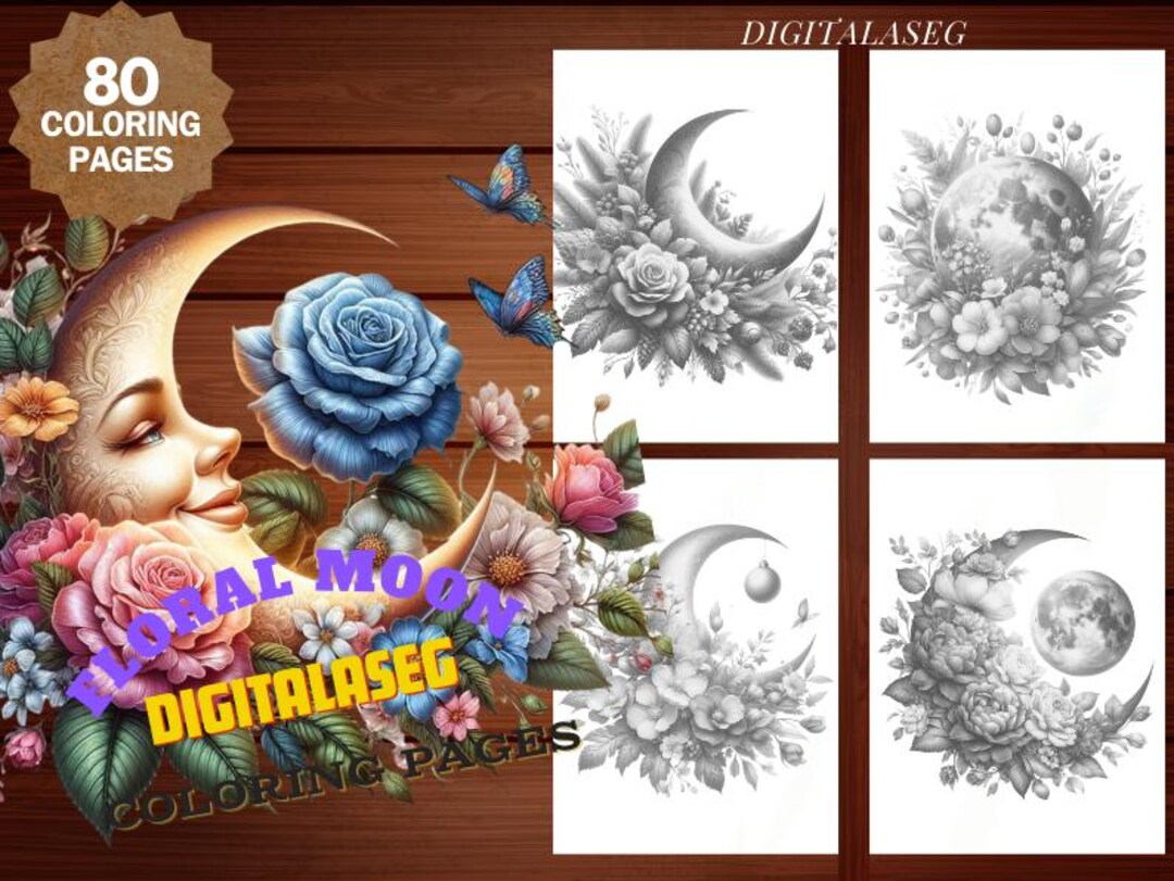 Floral Moon Coloring Pages Adult & Kid Coloring Book, Grayscale, Light ...