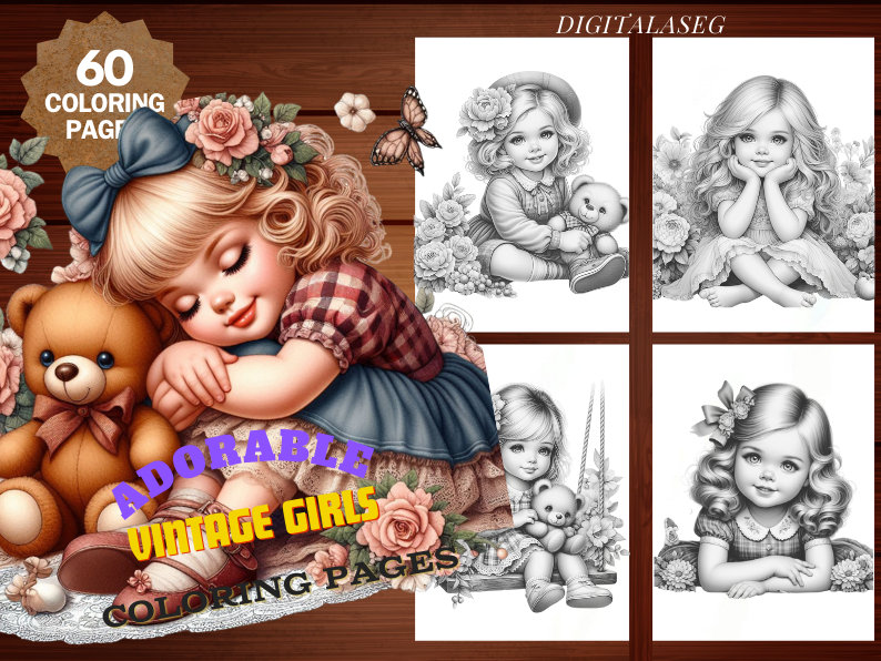Adorable Vintage Girl Coloring Pages 60 Pages Adult &kid Coloring Book ...