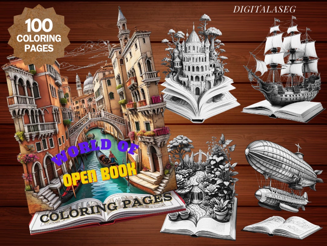 World of Open Book Coloring Pages (100 Pages) Adult & Kid Coloring Book ...