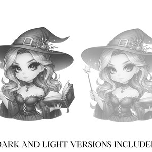 Cute Chibi Witches Coloring Pages (40 - Remastered) Adult & Kid Coloring Book, Grayscale, Light ...