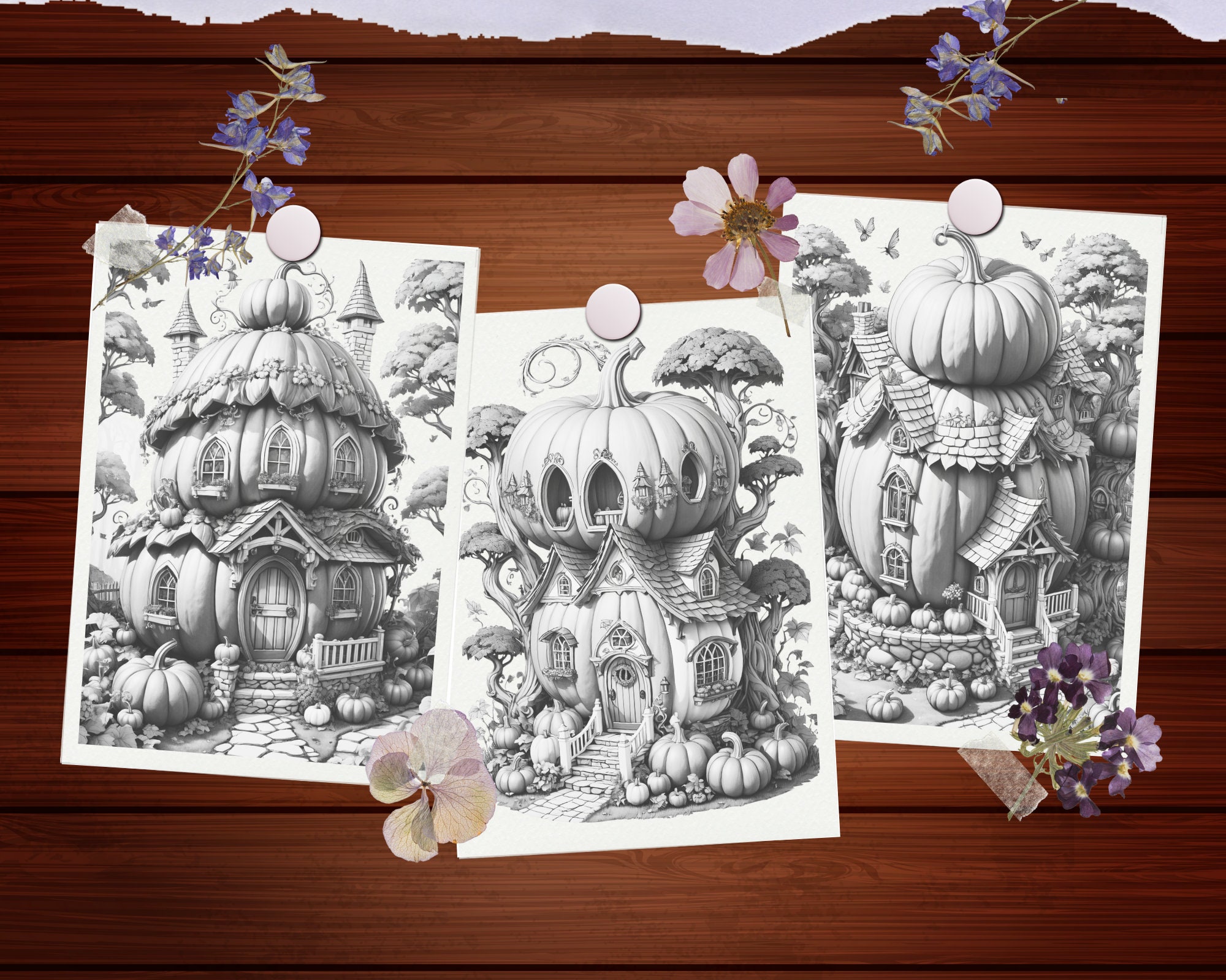 Pumpkin Fairy Houses Coloring Pages 66 Pages Adult & Kid Coloring Book ...