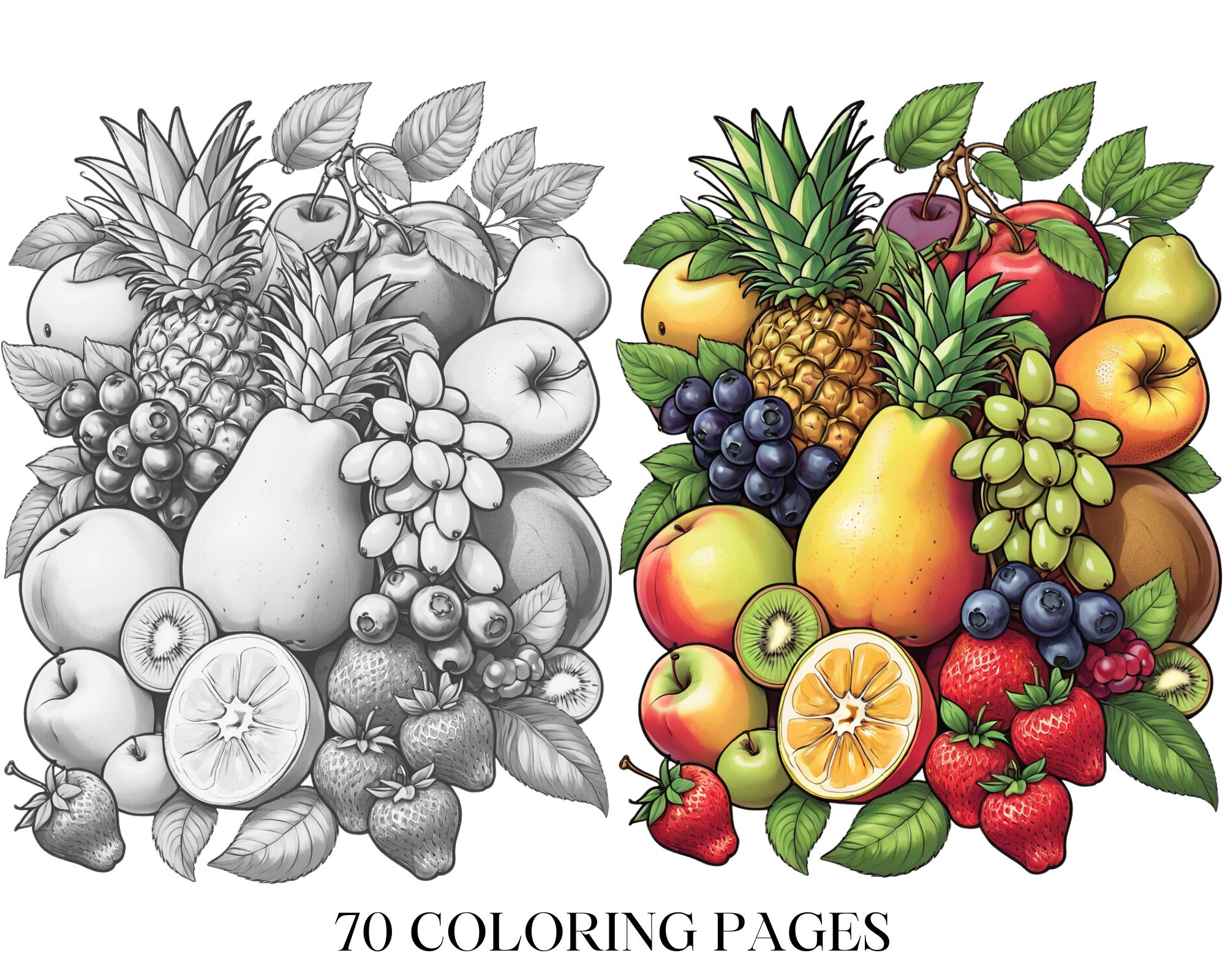 Fruits Coloring Pages 70 Pages Adult and Kids Coloring Book, Grayscale ...