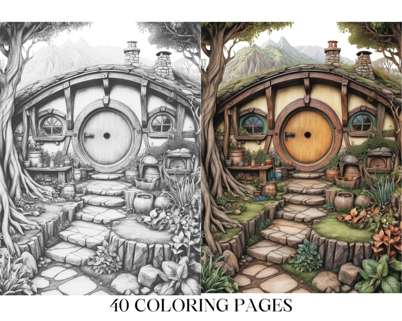 Hobbit House Coloring Pages 40 Pages Adult Coloring Book, Grayscale ...