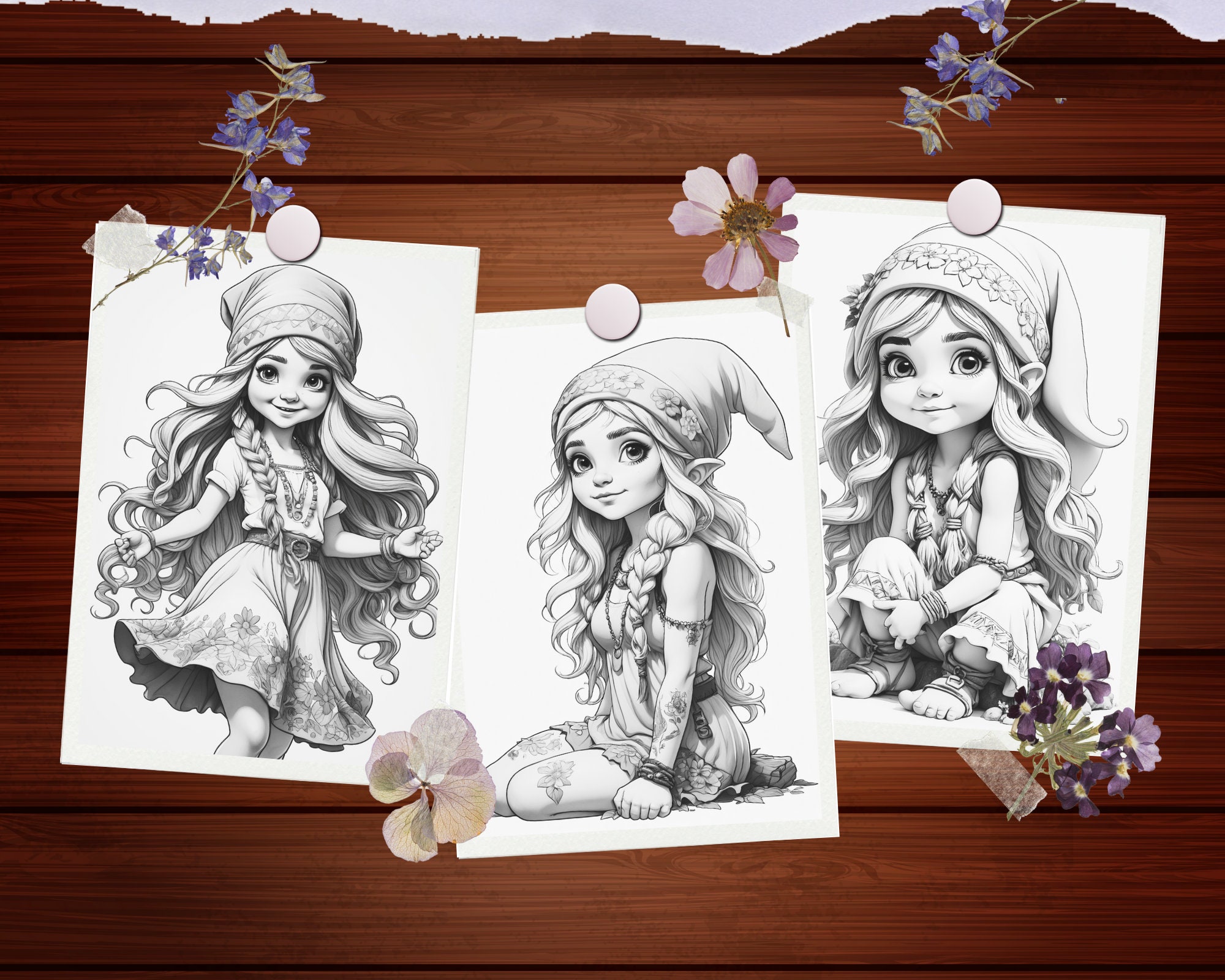 Super Cute Hippie, Gnome Girls Coloring Pages 50 Pages Adult & Kids ...