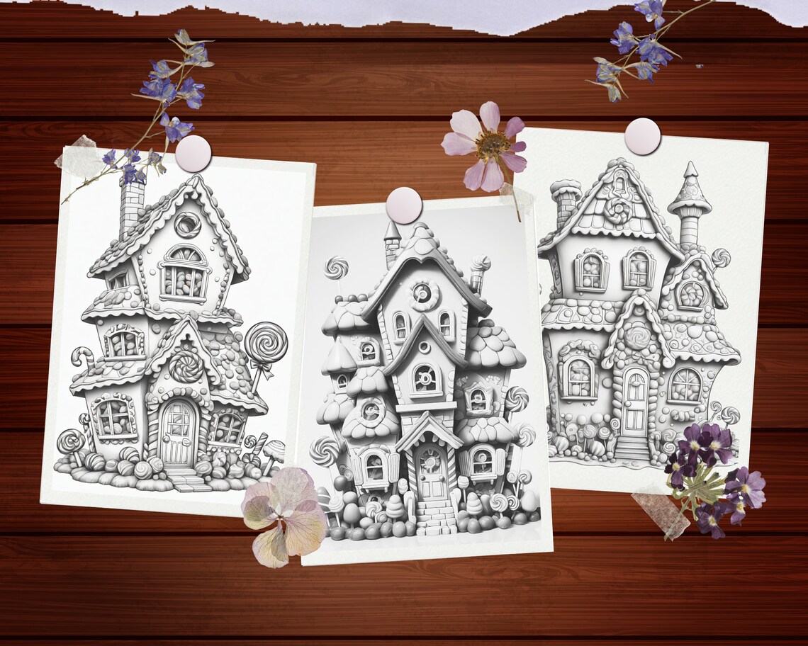 Candy Houses Coloring Pages: Grayscale Illustrations (PDF Download) - Etsy