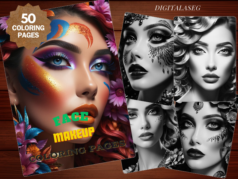 Face Makeup Coloring Pages 50 Pages Adult & Kids , Grayscale, Light ...