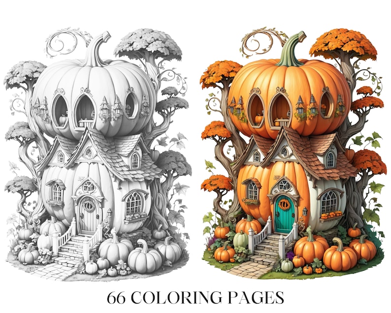 Pumpkin Fairy Houses Coloring Pages 66 Pages Adult & Kid Coloring Book ...