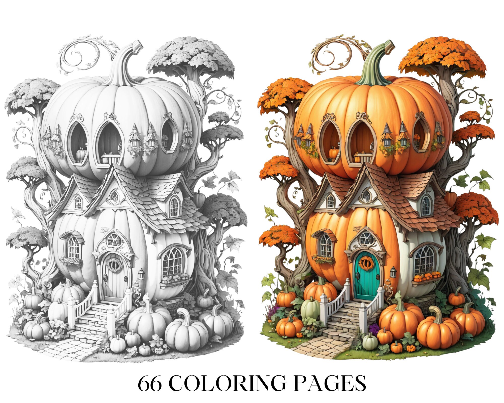 Pumpkin Fairy Houses Coloring Pages 66 Pages Adult & Kid Coloring Book ...