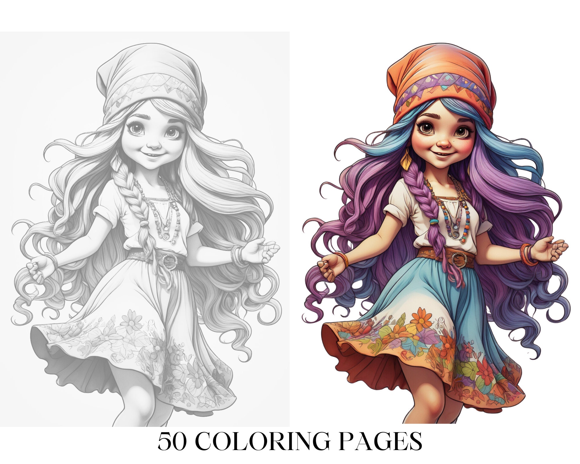 Super Cute Hippie, Gnome Girls Coloring Pages 50 Pages Adult & Kids ...