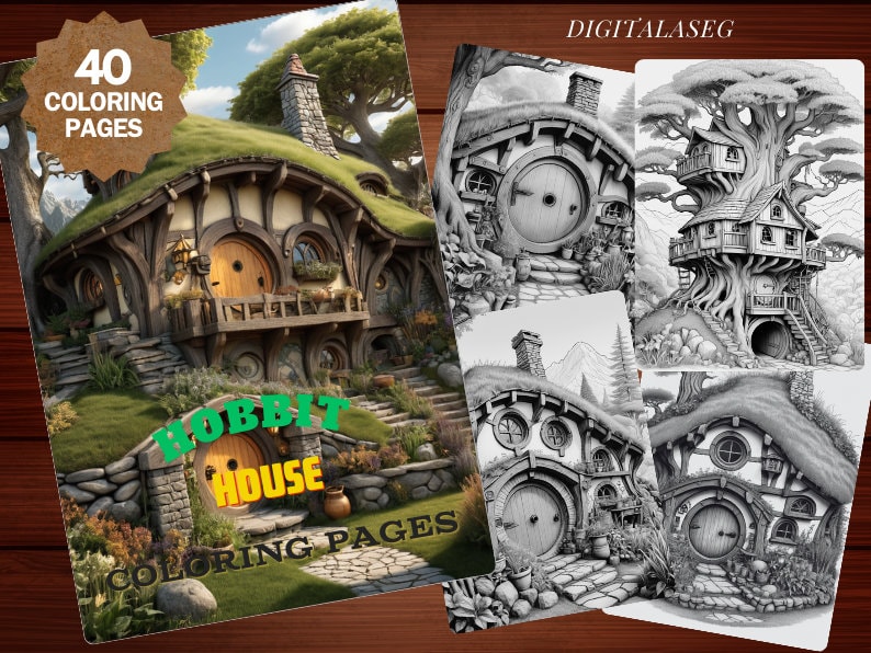 Hobbit House Coloring Pages (40 Pages) Adult Coloring Book, Grayscale ...