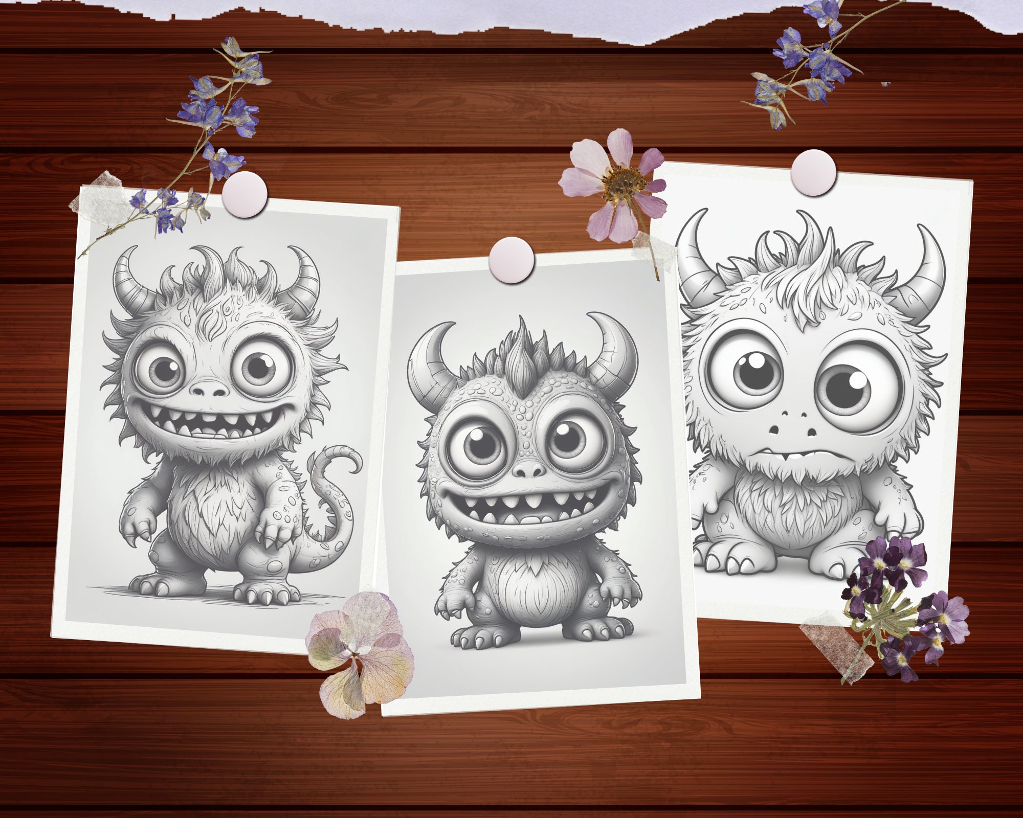 Cute Tiny Monster Coloring Pages 40 Pages Adult & Kids , Grayscale ...