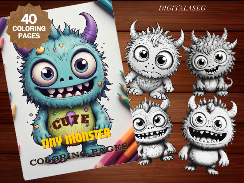 Cute Tiny Monster Coloring Pages 40 Pages Adult & Kids , Grayscale ...