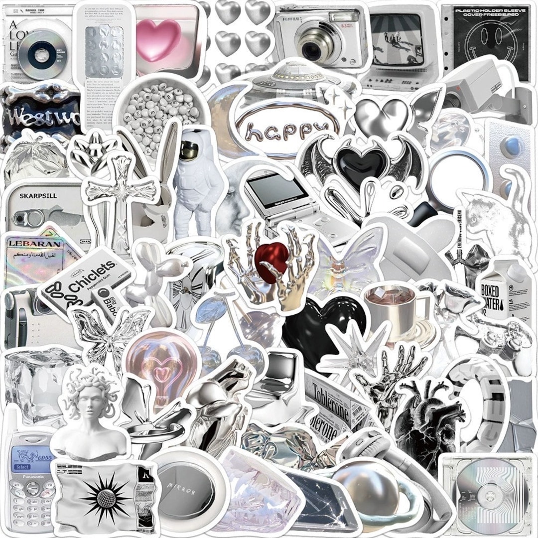 Silver and White Assorted Aesthetic Stickers Vinyl Sticker Pack ...