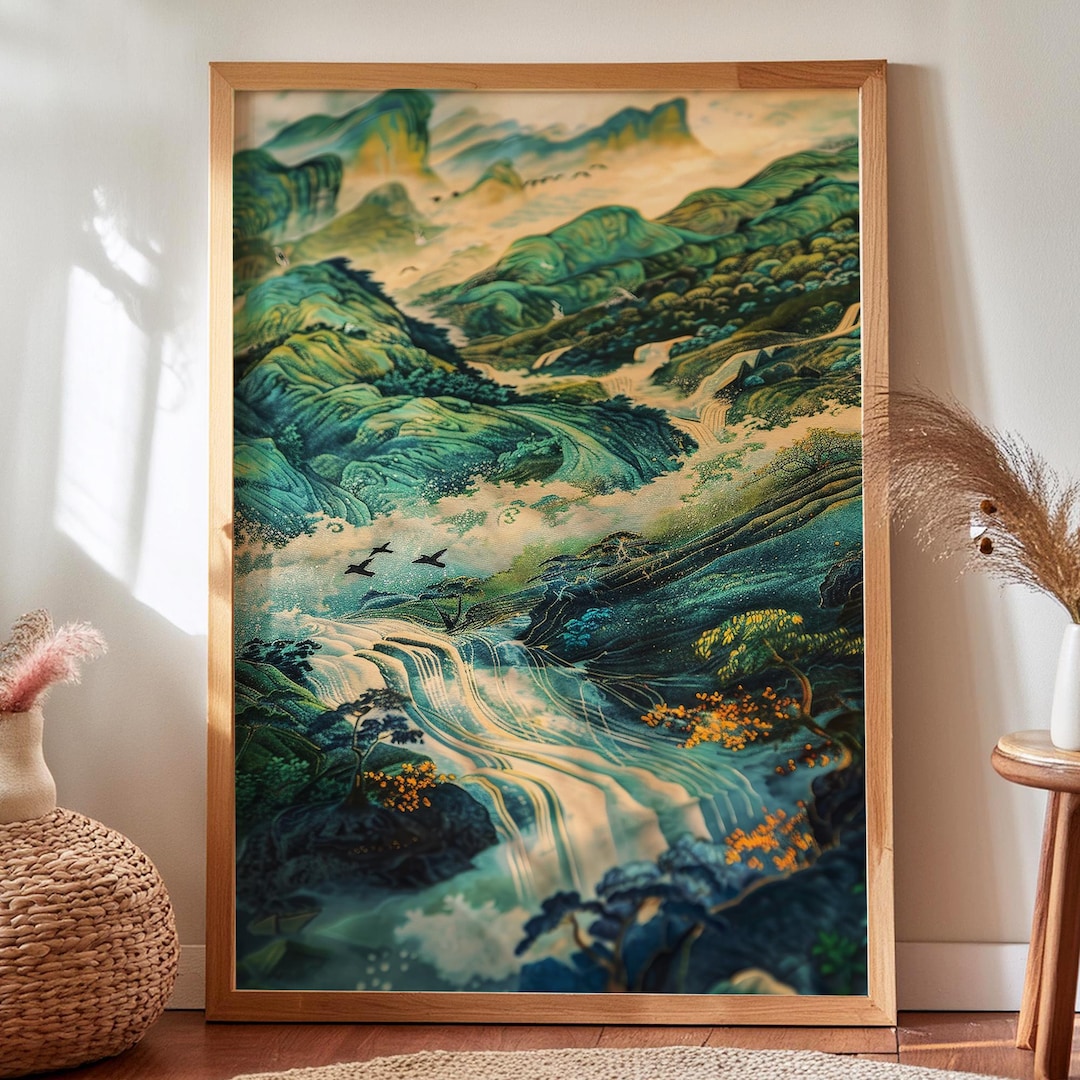 Hokusai Ukiyo-e Japanese Waterfall Print, Landscape Poster Print, Blue ...