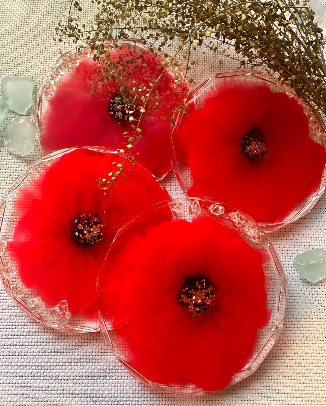 Handmade Red Poppy Resin Coasters: Floral Epoxy Drink Coasters - Etsy