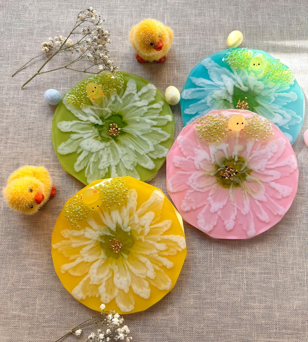 Easter Bloom Epoxy Resin Coasters – Handmade Ink Bloom Floral Drink ...