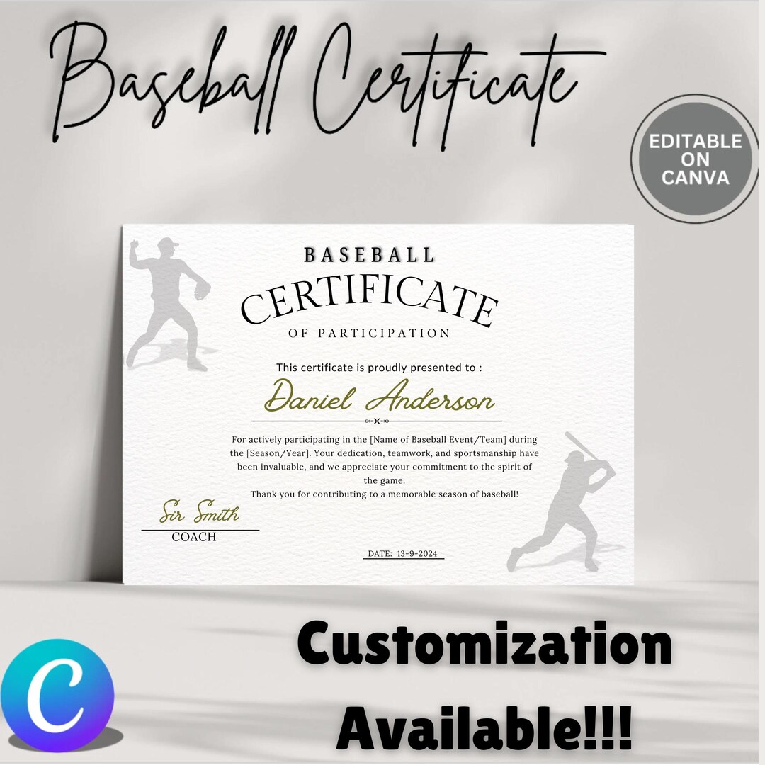 Baseball Certificate Template Digital Download Team Award Ceremony Gift ...