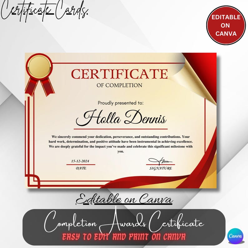 Completion Template Editable Award Training Certificate Canva ...
