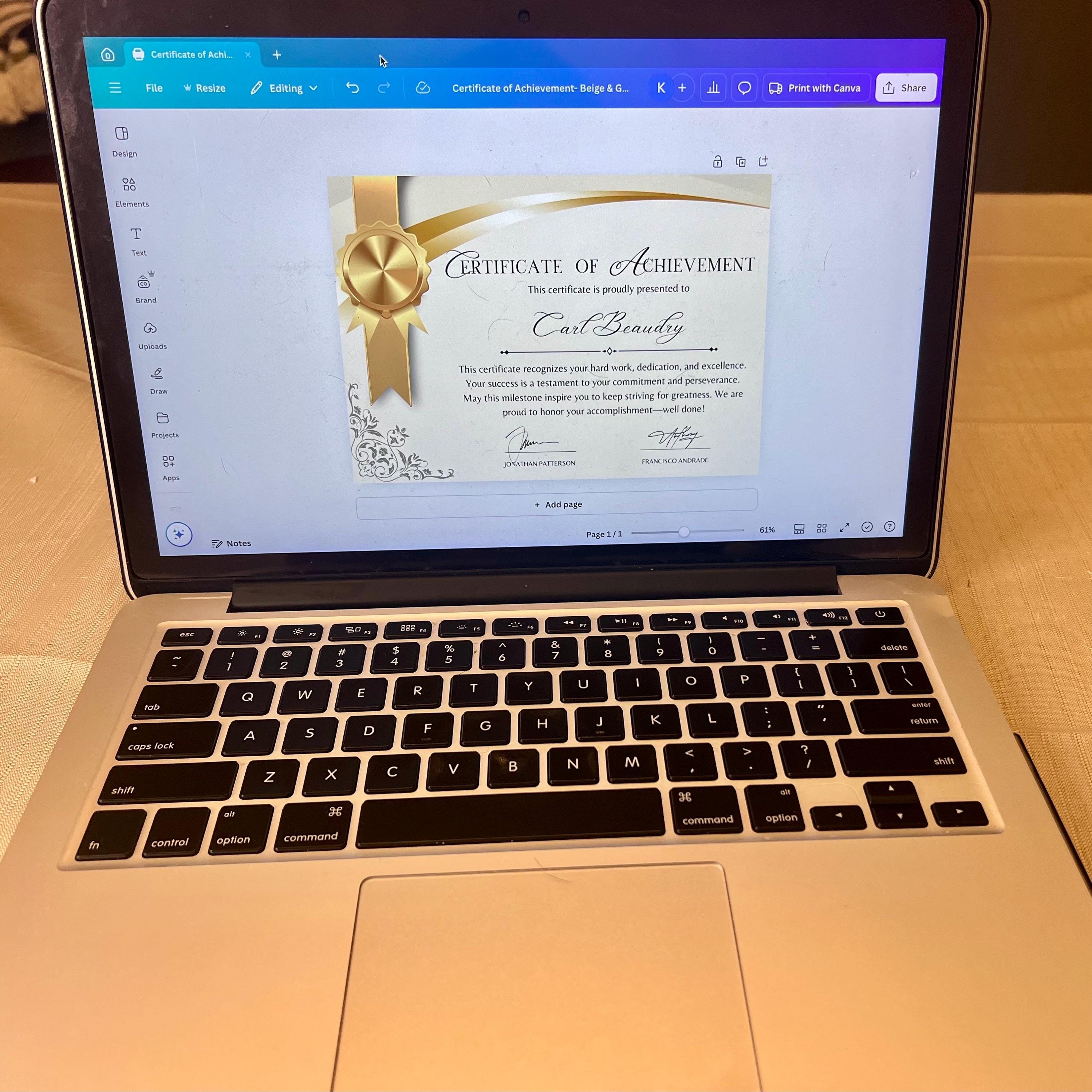 Custom Certificate Printable Award Gold Style Design Personalized ...