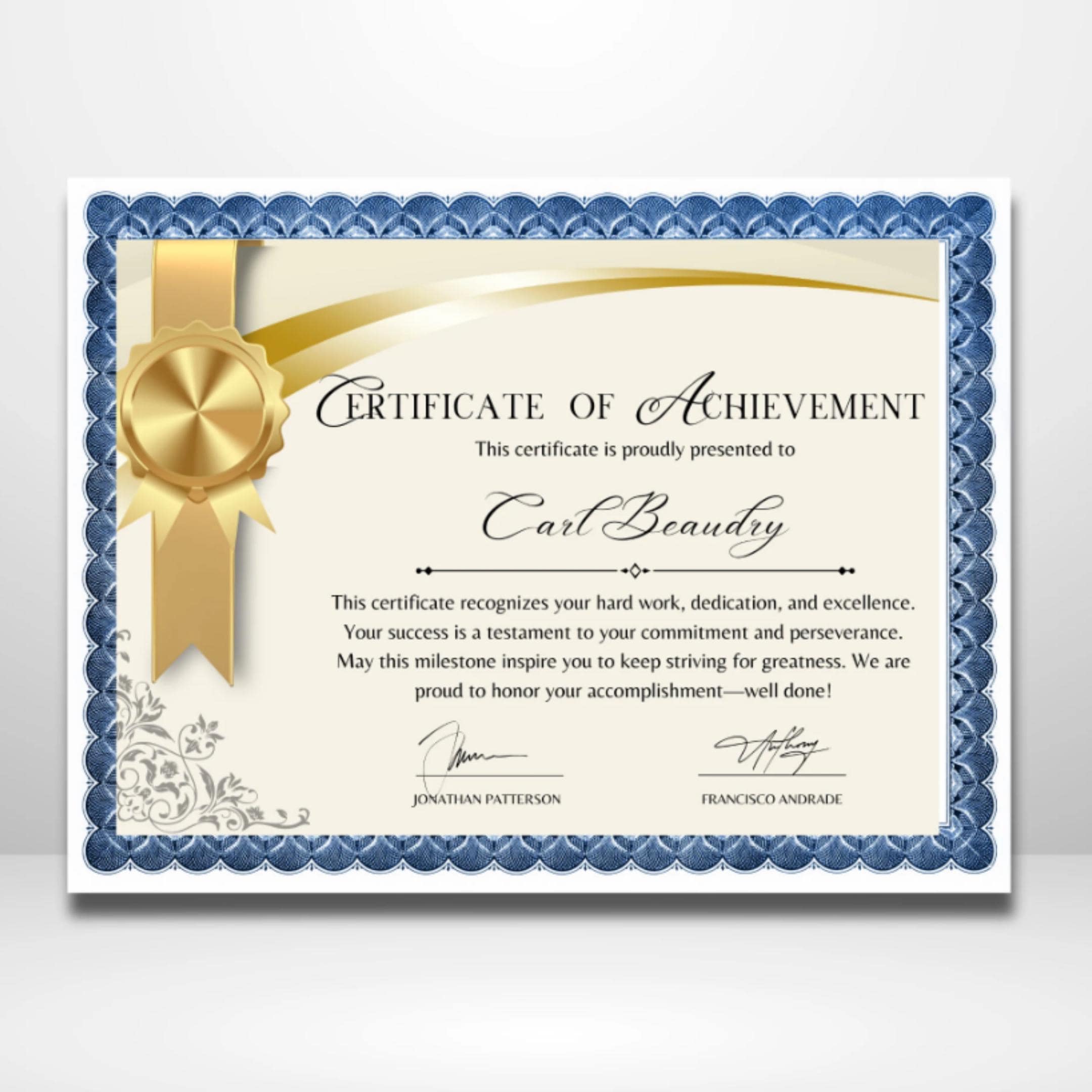 Custom Certificate Printable Award Gold Style Design Personalized ...