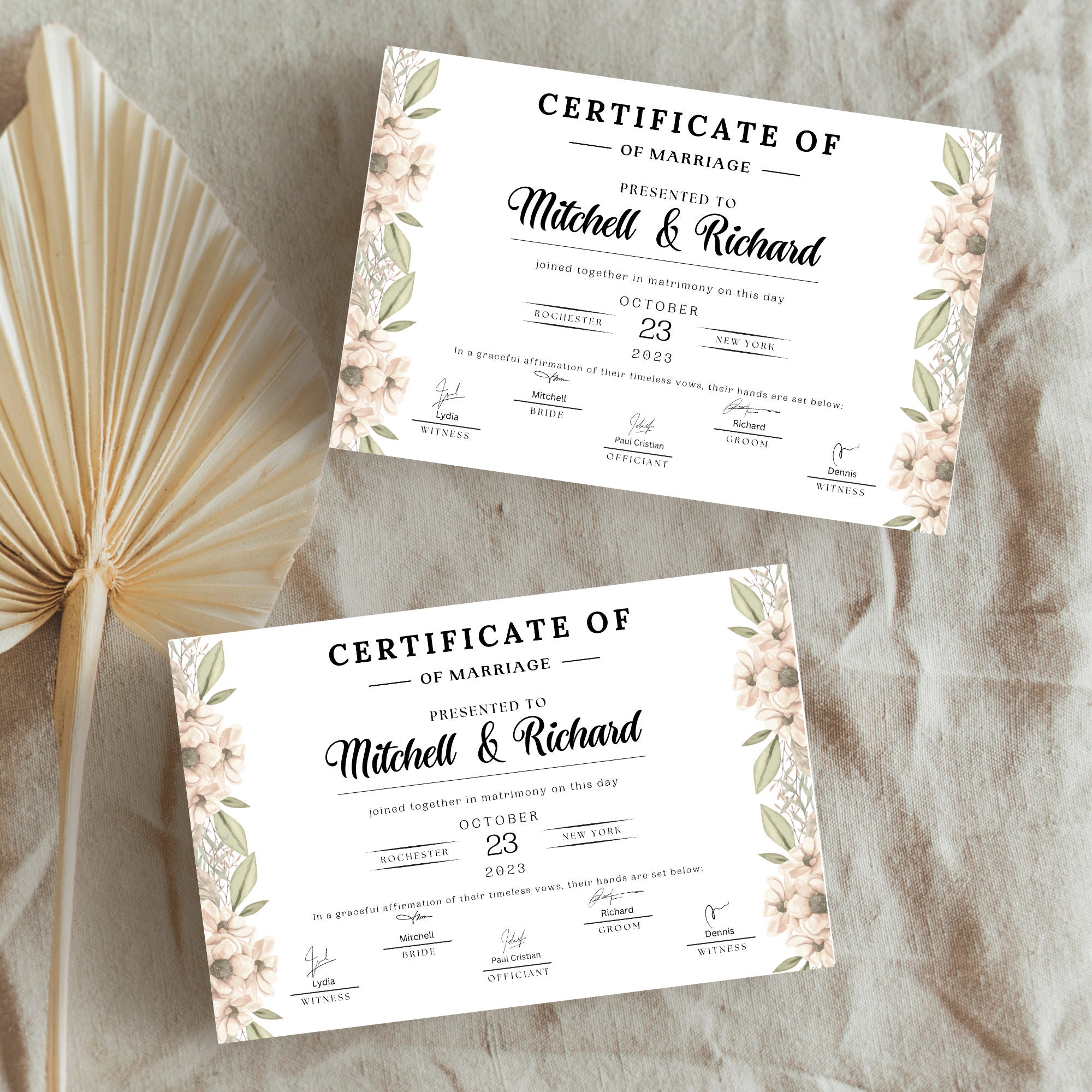 Personalized Wedding Certificate Marriage Keepsake Floral Design ...