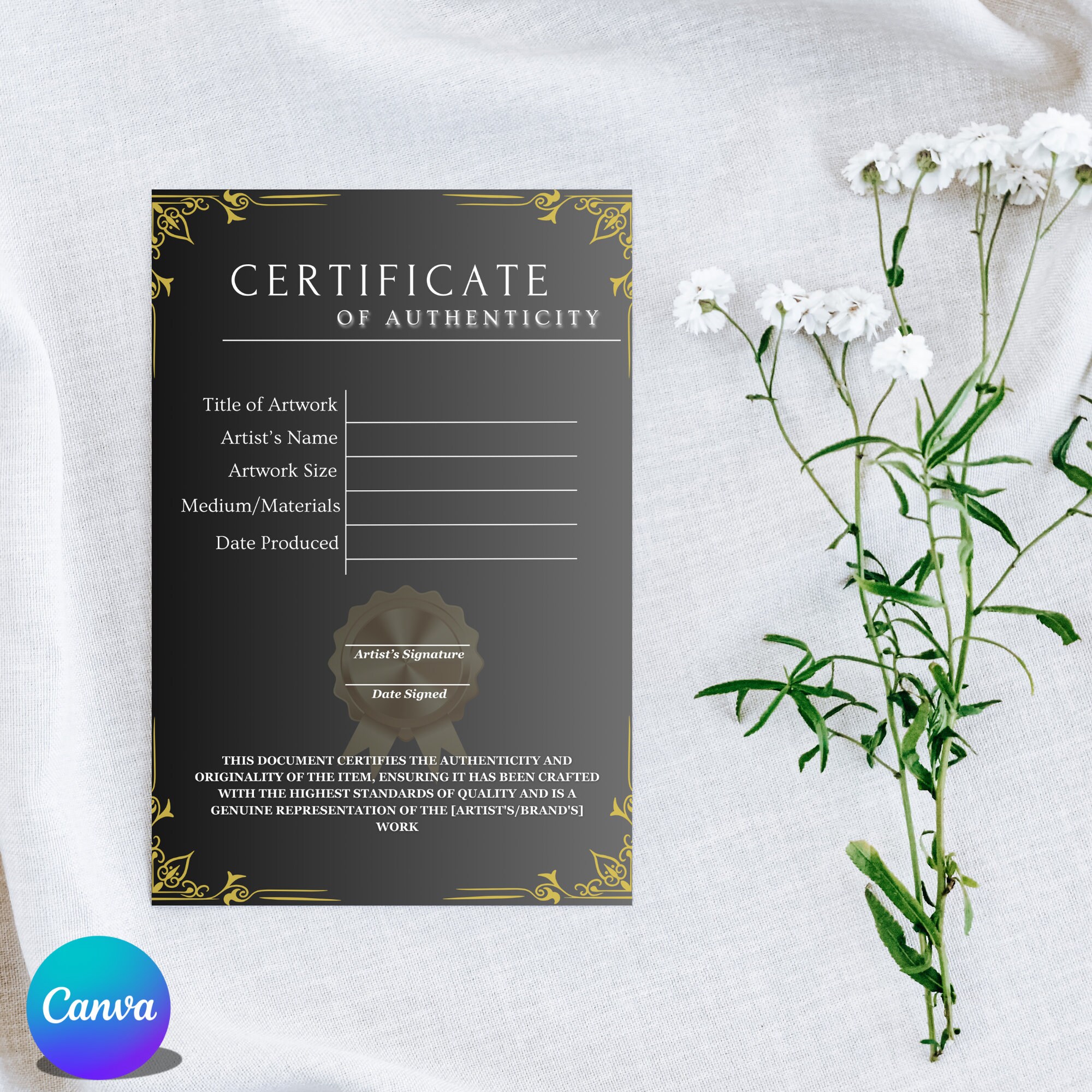 Certificate Authenticity Template Digital Download Art Verification ...