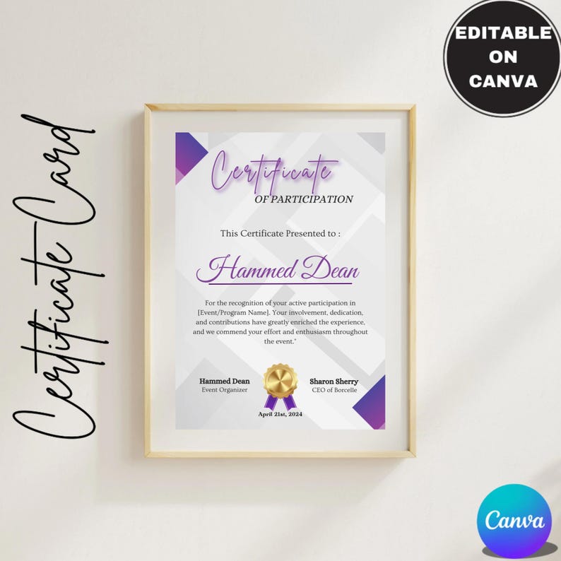 Participation Award Editable Certificate Customize Award Achievement ...