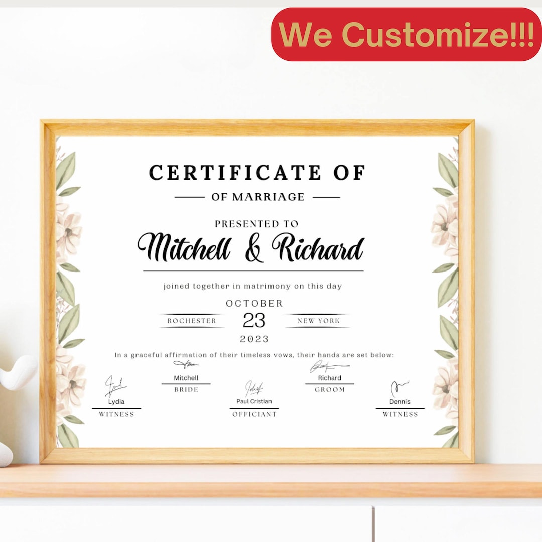 Personalized Wedding Certificate Marriage Keepsake Floral Design ...