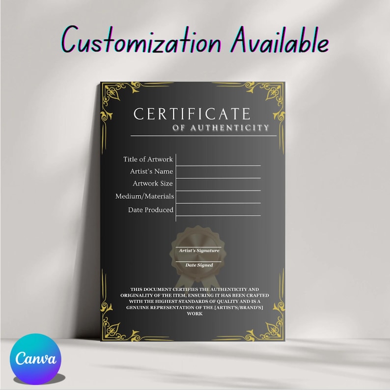 Certificate Authenticity Template Digital Download Art Verification ...