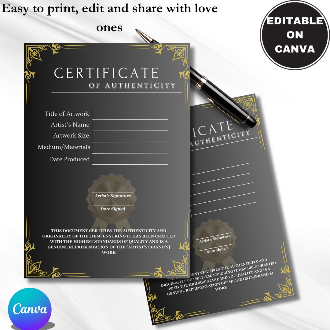 Certificate Authenticity Template Digital Download Art Verification ...