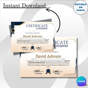 Recognition Award Editable Certificate Certificate Template Instant ...