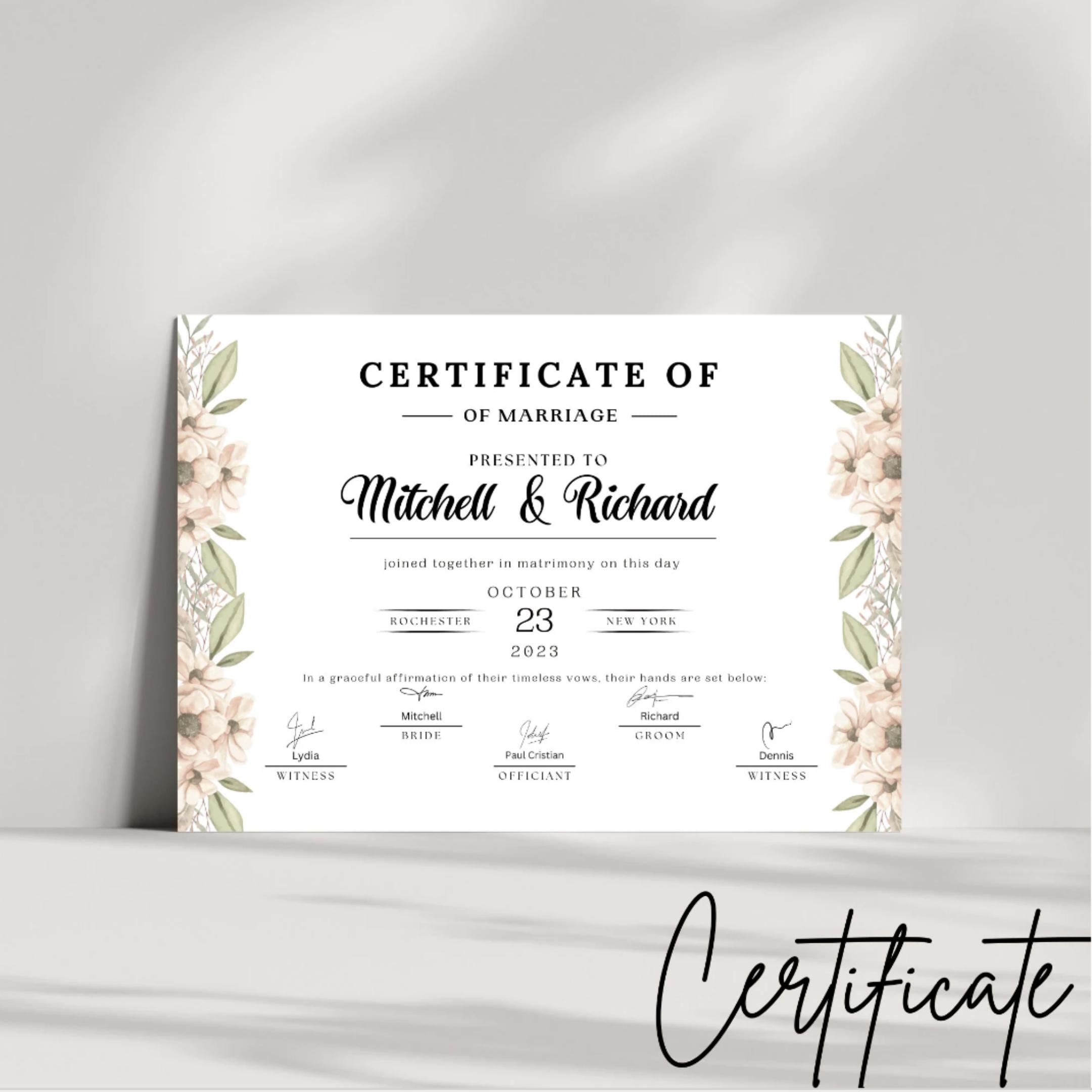 Personalized Wedding Certificate Marriage Keepsake Floral Design ...