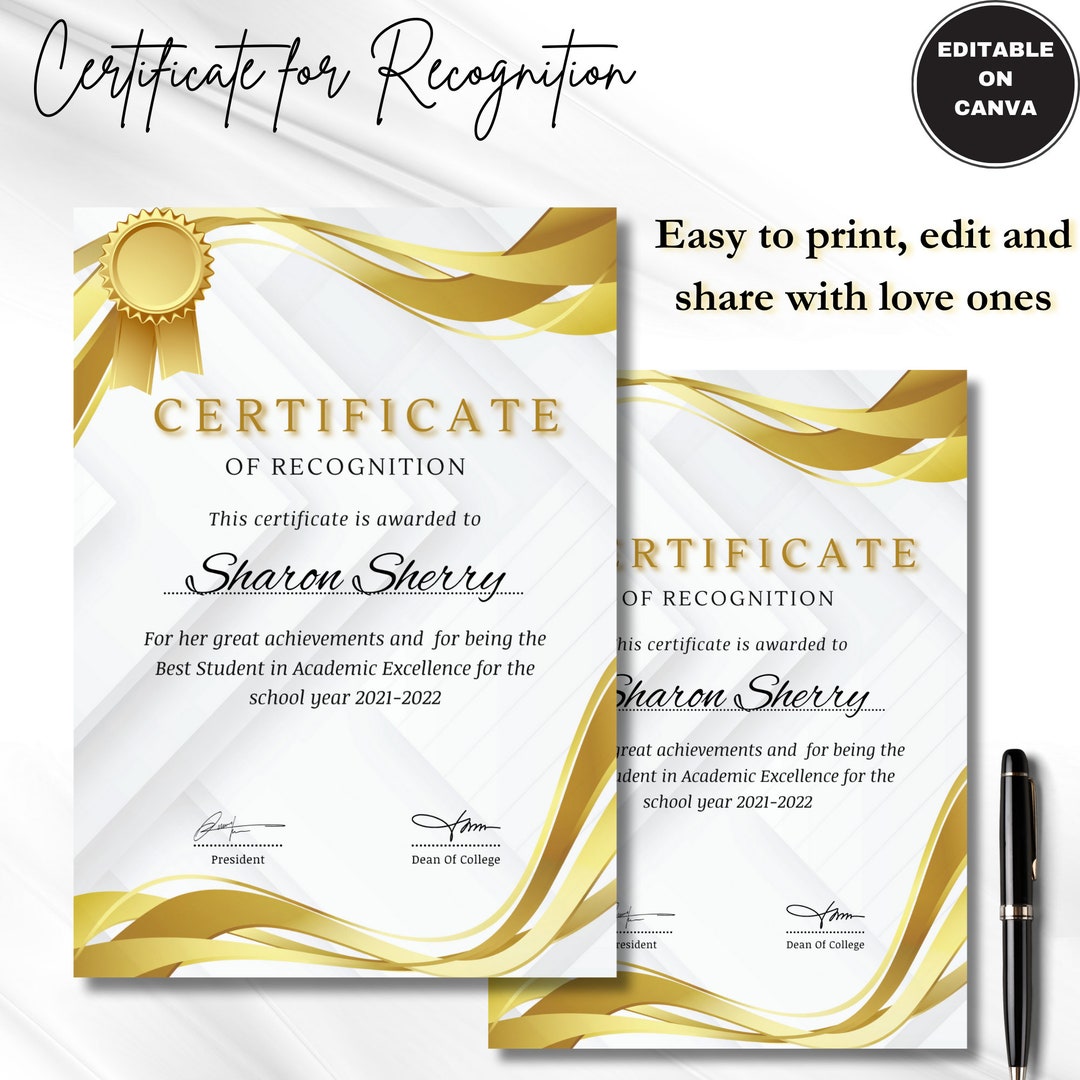 Recognition Award Certificate for Academic Excellence Template Student ...
