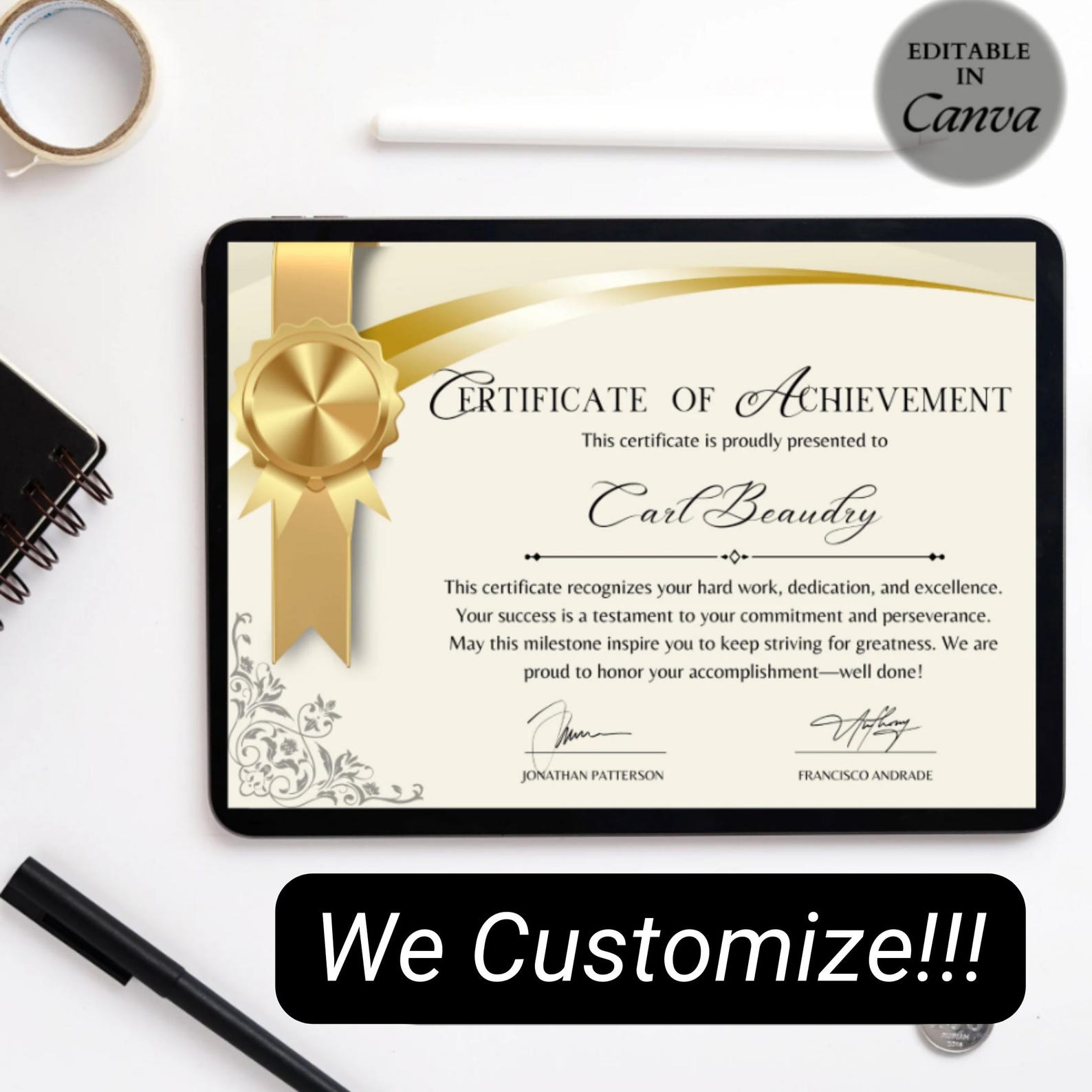 Custom Certificate Printable Award Gold Style Design Personalized ...