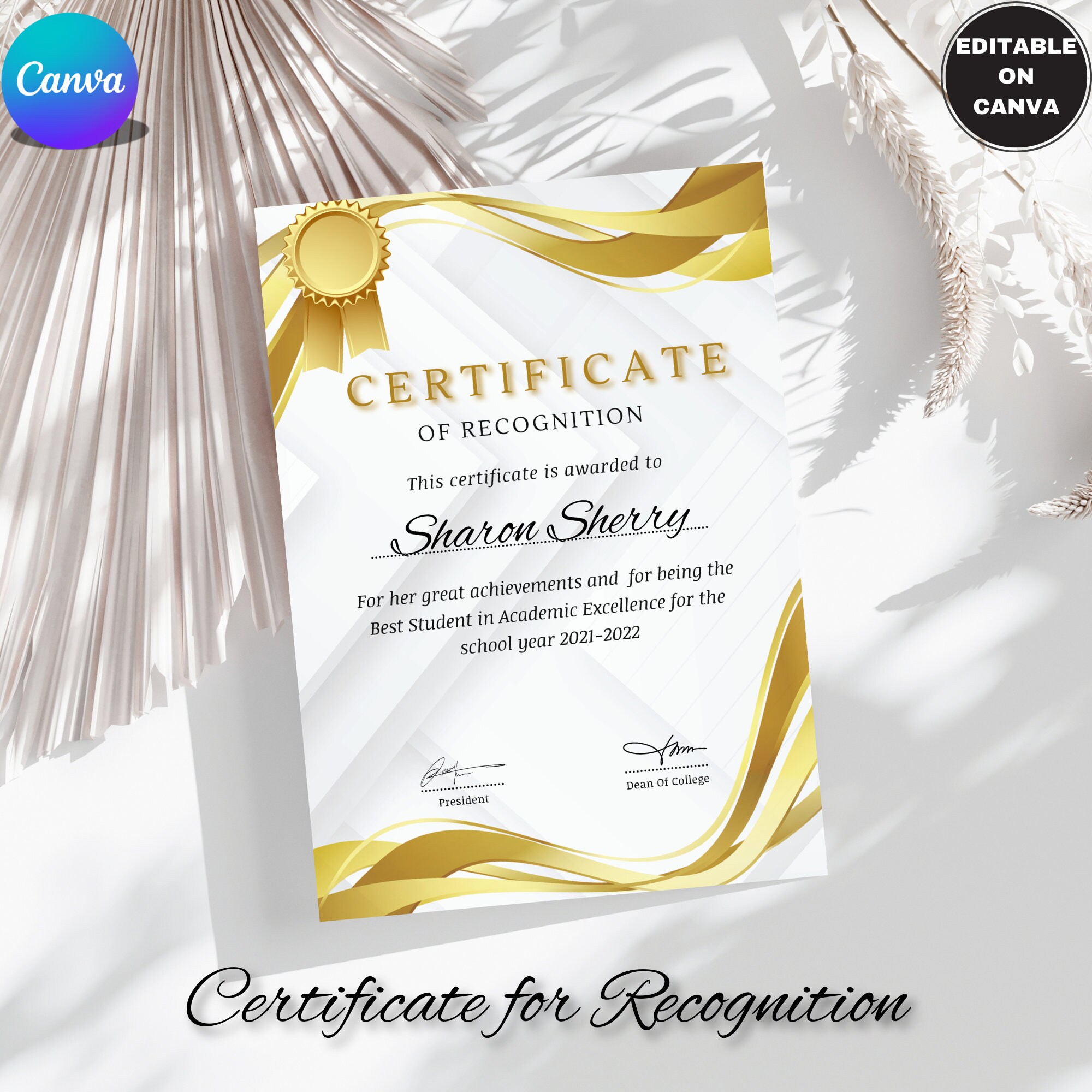 Recognition Award Certificate for Academic Excellence Template Student ...