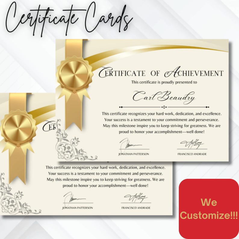 Custom Certificate Printable Award Gold Style Design Personalized ...