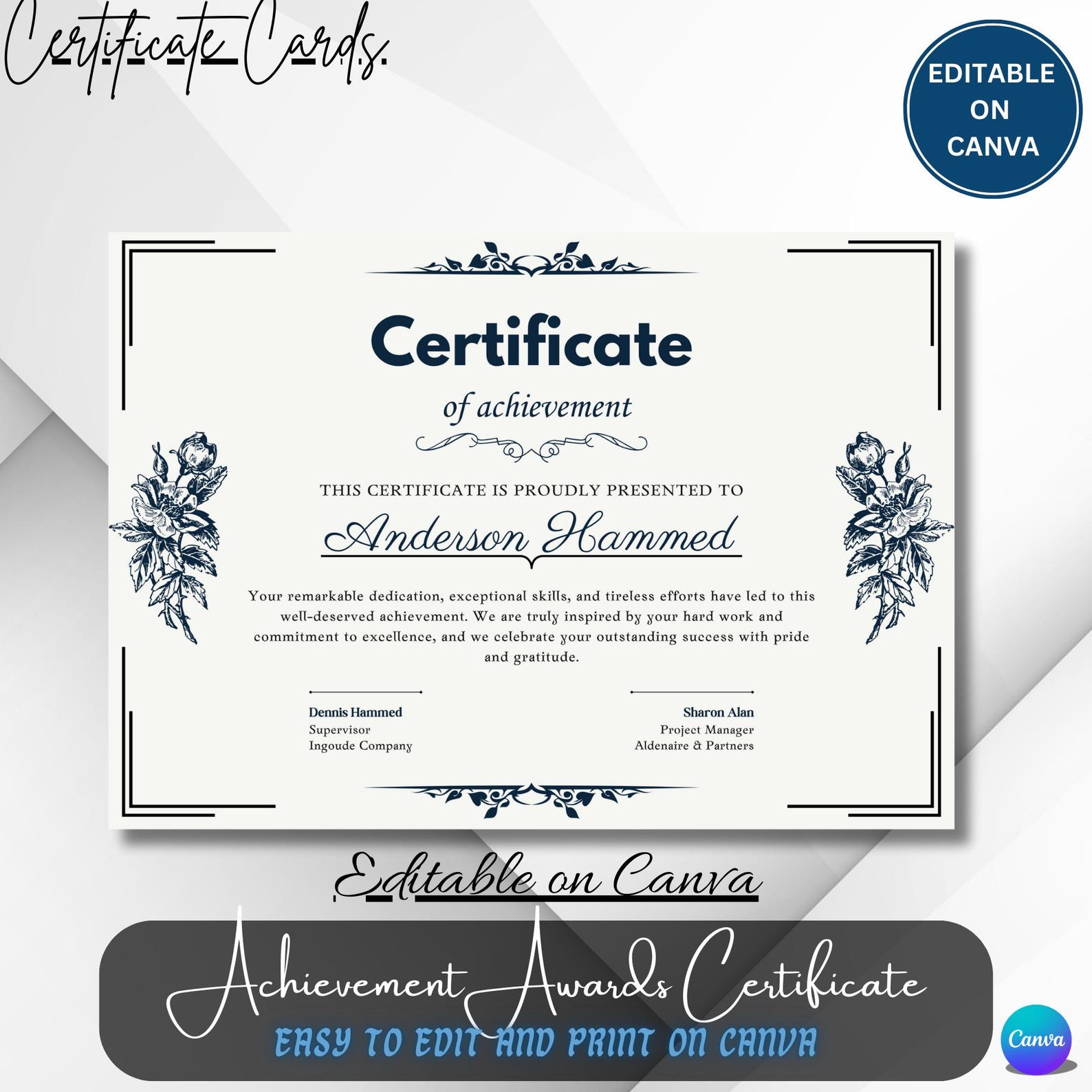 Achievement Template Editable Award Floral Certificate Canva Template ...