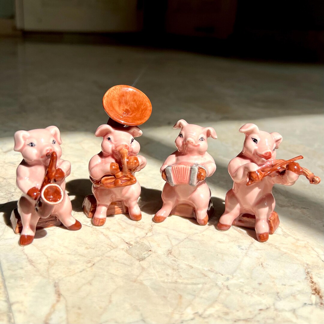 Musical Pig Band Set of 4 Ceramic Pigs Playing Instruments, Pig Art ...