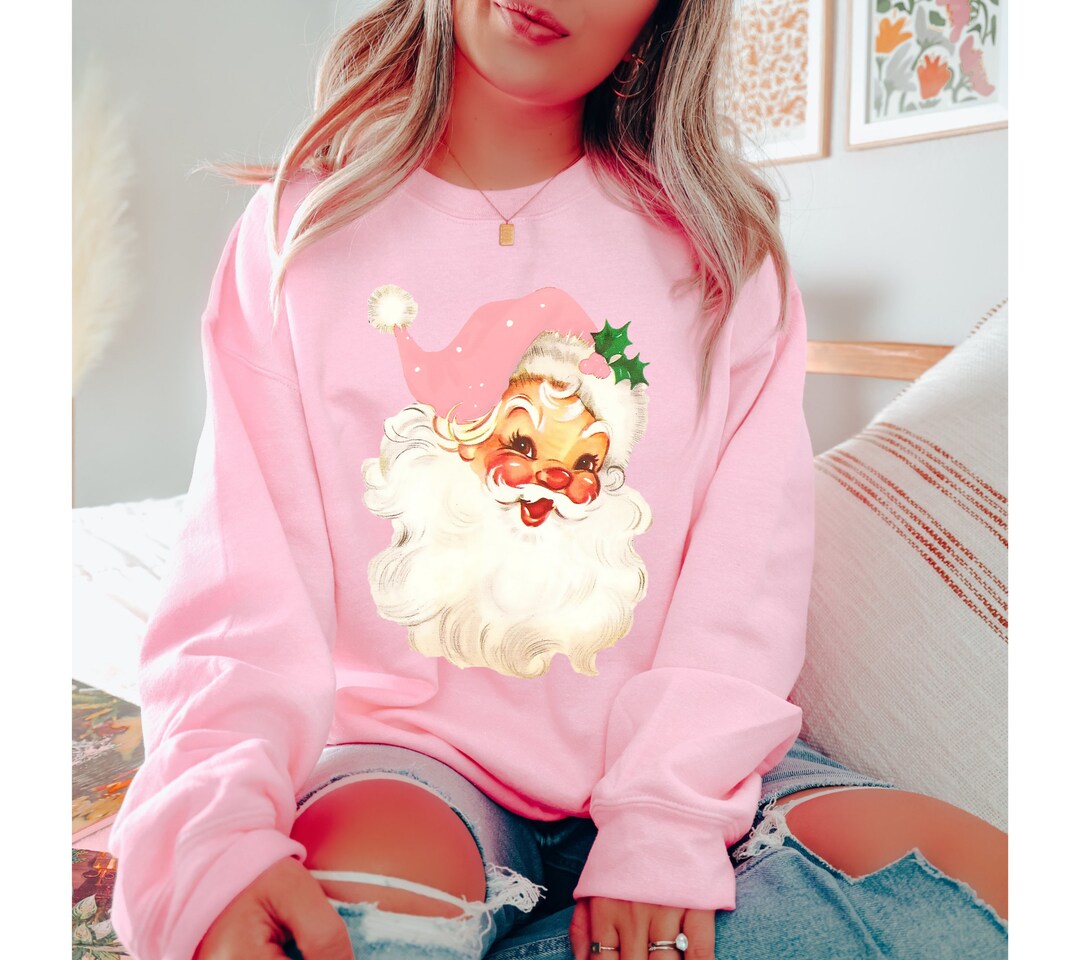 Pink Santa Hat Sweatshirt, Vintage Santa Shirt, Retro Pink Santa Shirt ...