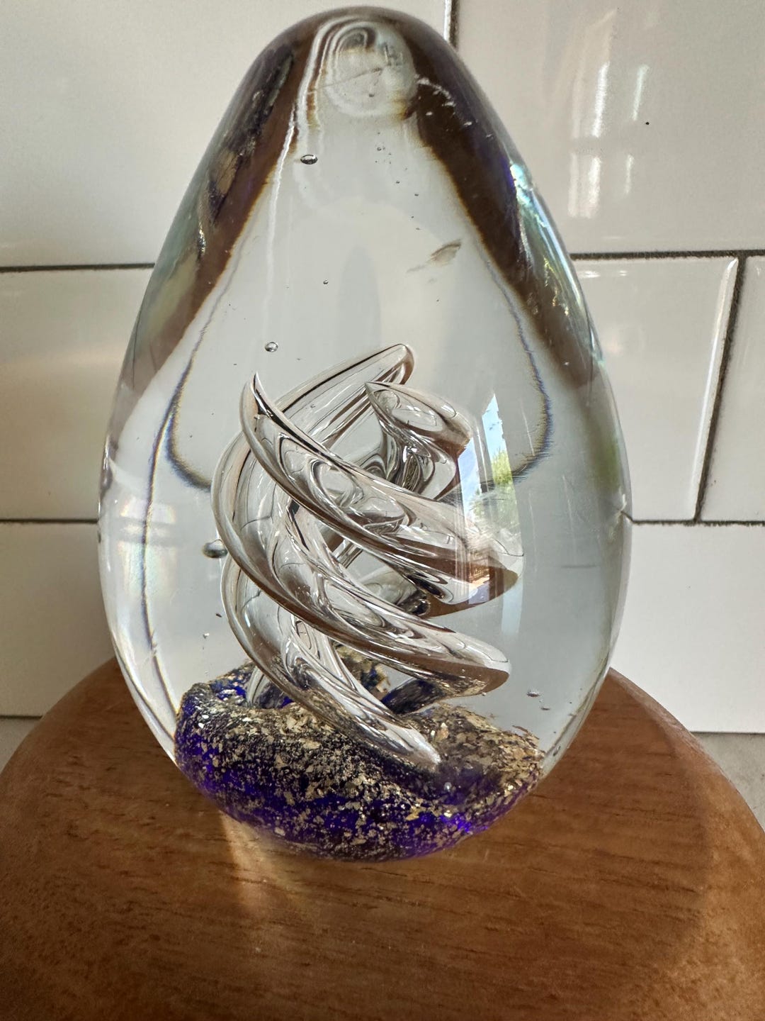 Teardrop Shaped Glass Paperweight With Spiraling Helix Cobalt Blue Base ...