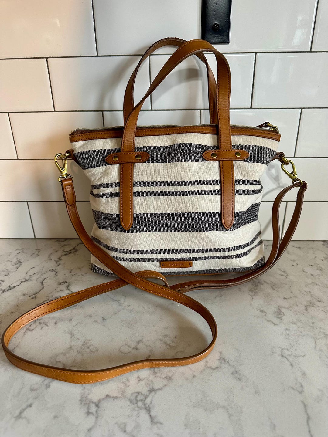 Fossil Felicity Crossbody Satchel Blue White Neutral Stripe Purse - Etsy